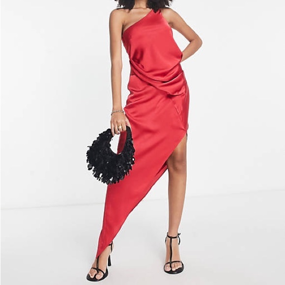 ASOS | Dresses | Asos Design Satin One Shoulder Drape Midi Dress In Red ...